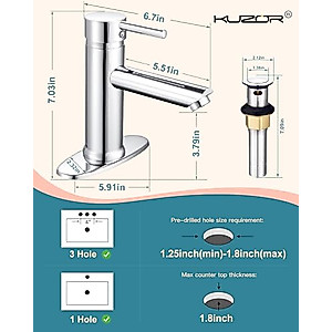 KUZOR Bathroom Faucets 1 or 3 Hole Single Handle Bathroom Sink Faucet Solid Brass Chrome Bathroom Faucet with Optional Deck Plate 4 Inch Centerset Pop Up Drain and Water Supply Hoses Included