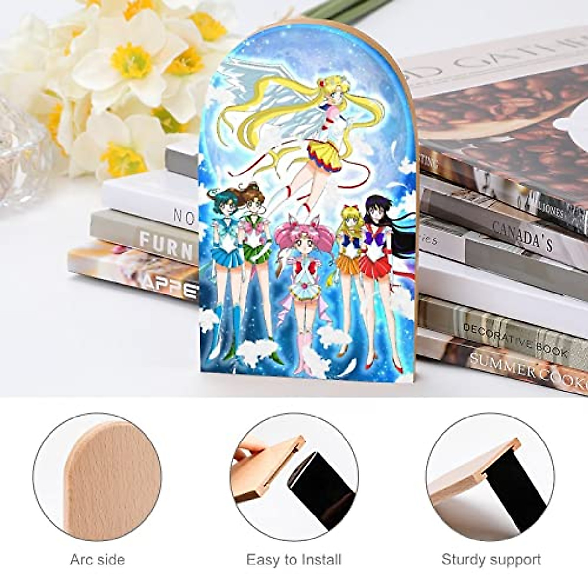 Anime Poster Moon Bookends Wood Book Divider Decorative Shelves Non-Skid Book Stand 2 Pieces for Office Home
