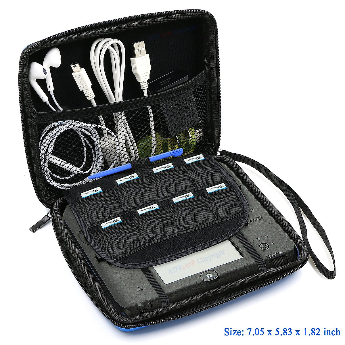 ADVcer 2DS Case, EVA Waterproof Hard Shield Protective Carrying Case with Hand Wrist Strap and Double Zipper Compatible with Nintendo 2DS (Blue)