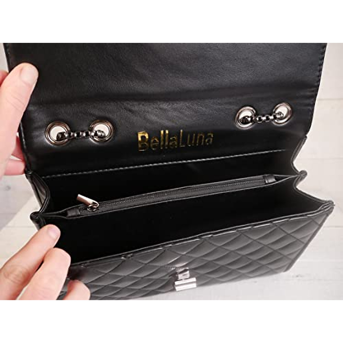 Bella Luna Quilted Faux Leather Crossbody Purse or Shoulder Bag for Women with Flap Handbag and Chain Strap | Black | Gray Chain | Small