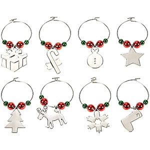 Juvale 8-Pack Wine Glass Charms - Christmas Themed Wine Glass Markers, Zinc Wine Glass Tags, Drink Markers, Wine Favors, Silver