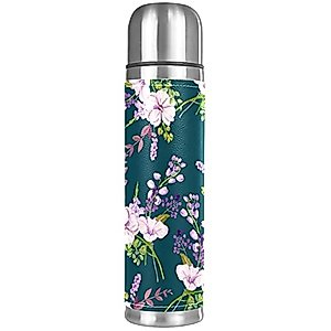 Stainless Steel Leather Vacuum Insulated Mug Flower Thermos Water Bottle for Hot and Cold Drinks Kids Adults 16 Oz