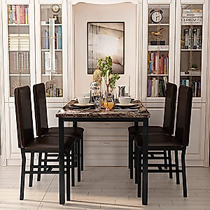 Lamerge 5 Piece Dining Table Set for 4,Faux Marble Kitchen Table and Chairs for 4, Dining Room Table Set with PU Leather Chairs,Small Dining Set for Small Spaces,Living Room, Brown