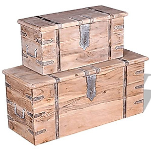 SKM 2 Piece Storage Chest Set Acacia Wood Coffee Table, Couch Table, Living Room Table, Side Table, End Table with Storage Chest