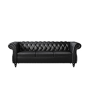 NOSGA Modern 3 Seater Couch, Large Sofa Furniture, Roll Arm Classic Tufted Chesterfield Settee Leather Sofa with Channel Tufted Seat Back for Living Room, Black PU