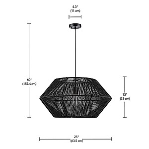 Globe Electric 65470 1-Light Chandelier, Matte Black Natural Twine, Mate Black Canopy and Socket, Designer Black Cloth Hanging Cord. Adjustable Height, Home Decor Lighting, Hygge, Bulb Not Included