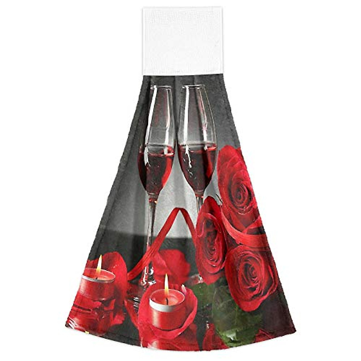 Red Wine in Glasses Red Rose Candle 2 Pcs Hanging Kitchen Hand Towels, Hanging Tie Towels with Hook & Loop Washcloth Dishcloths Sets Decorative Absorbent Tea Bar Bath Hand Towel