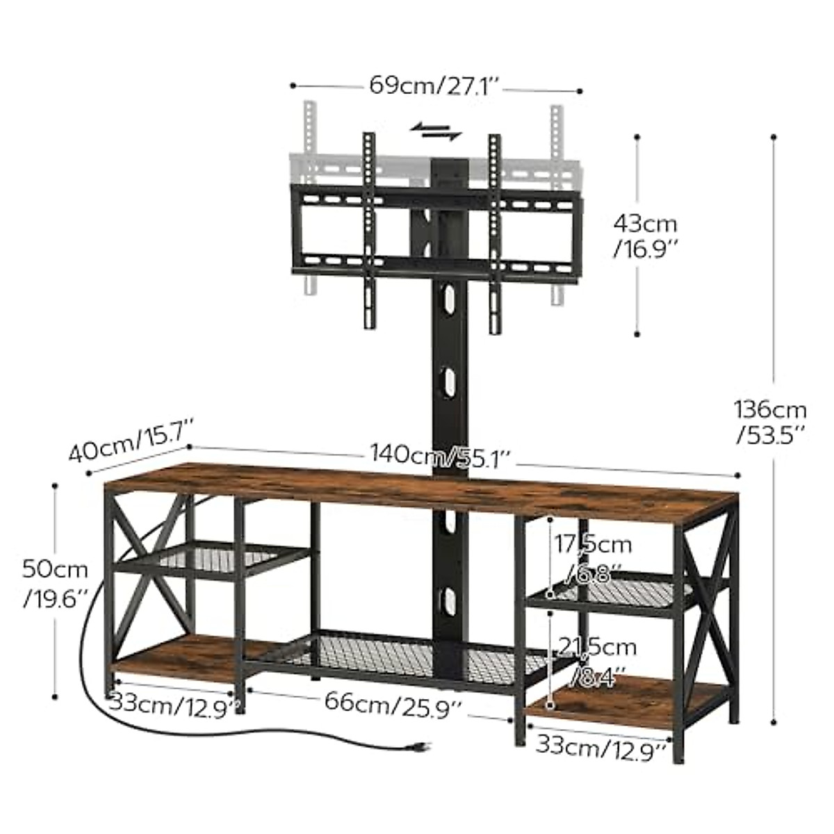 HOOBRO TV Stand with Mount and Power Outlet 55.1", Entertainment Center with Swivel TV Mount for TVs Up to 75", TV Stand Mount with Storage Shelves for Living Room, Bedroom, Rustic Brown BF146UDS01