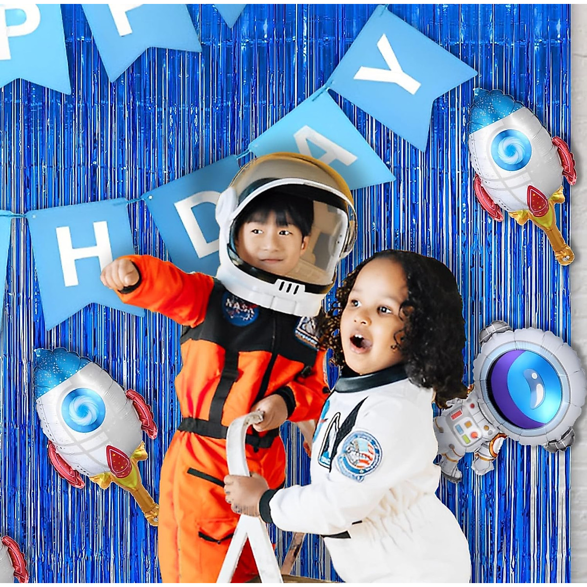 BRAVESHINE Blue Tinsel Foil Fringe Curtains - 2Pcs 3.2x8.2 ft Metallic Holidays Photo Backdrop for Birthdays Homecoming Bachelor Bachelorette Sea Theme Party Decorations