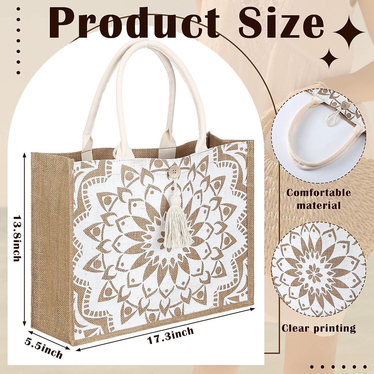 Buryeah 2 Pcs Large Beach Bag Burlap Jute Tote Bag for Women Straw Cute Beach Tote Jute Tote Handbags Reusable Grocery Bag for Mother Teacher Wedding Shopping Travelling Gym