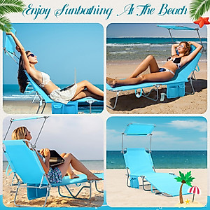 Wenqik 2 Pcs Foldable Beach Lounge Chair with 360° Canopy Sun Shade, Side Pocket, Carry Handle Beach Sunbathing Recliner Tanning Chair 4 Position Adjustable Backrest for Outside, Patio, Poolside