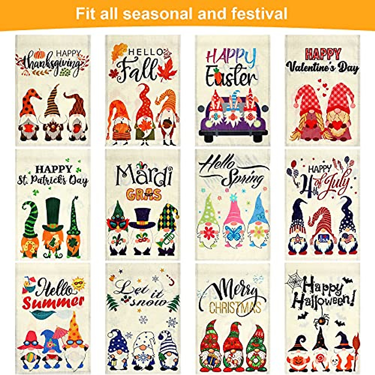 15 Pieces Seasonal Gnome Garden Flag Set Thanksgiving Day Christmas Winter Flag Double Sided Holiday Decorative Flag Welcome Yard Flag with Flag Stopper Flagpole and Clip for Holiday Decoration