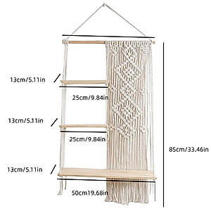 MIATTCLD Macrame Wall Hanging Shelf Boho Wood Floating Storage Shelf, 3 Tier Display Shelving for Hanging Plants Photos, Rustic Wall Decor with Tassel and Woven Rope for Home Bedroom Living Room