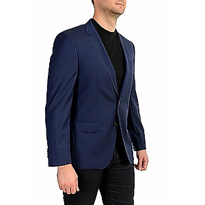 Hugo Boss Men's Huge6 Blue Slim Fit 100% Wool Plaid Blazer US 40L IT 50L