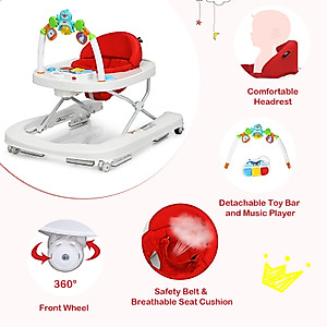 INFANS Foldable Activity Baby Walker, 2 in 1 Anti-Rollover Toddler Walker Helper with Adjustable Height and Speed Safety Belt, Music Center for Boys and Girls (Red)