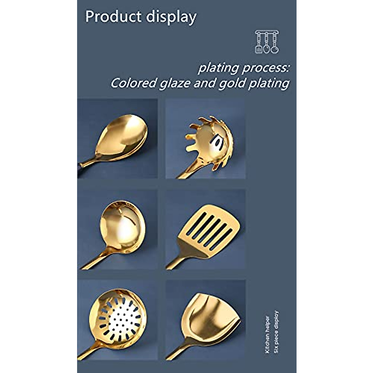 AQUAX Stainless Steel kitchenware seven Pieces Set (White Gold).Cooking Utensils 7 pcs with hanging shelf .Include Slotted Large Spoon, Soup Ladle, Spatula, Pasta spoon.