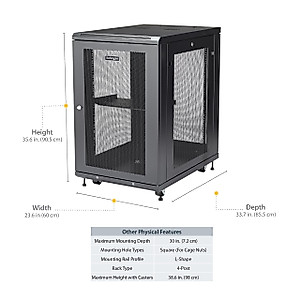 StarTech.com 4-Post 18U Server Rack Cabinet, 19" Data Rack Cabinet for IT / Network Equipment, with Adjustable Mounting Rails