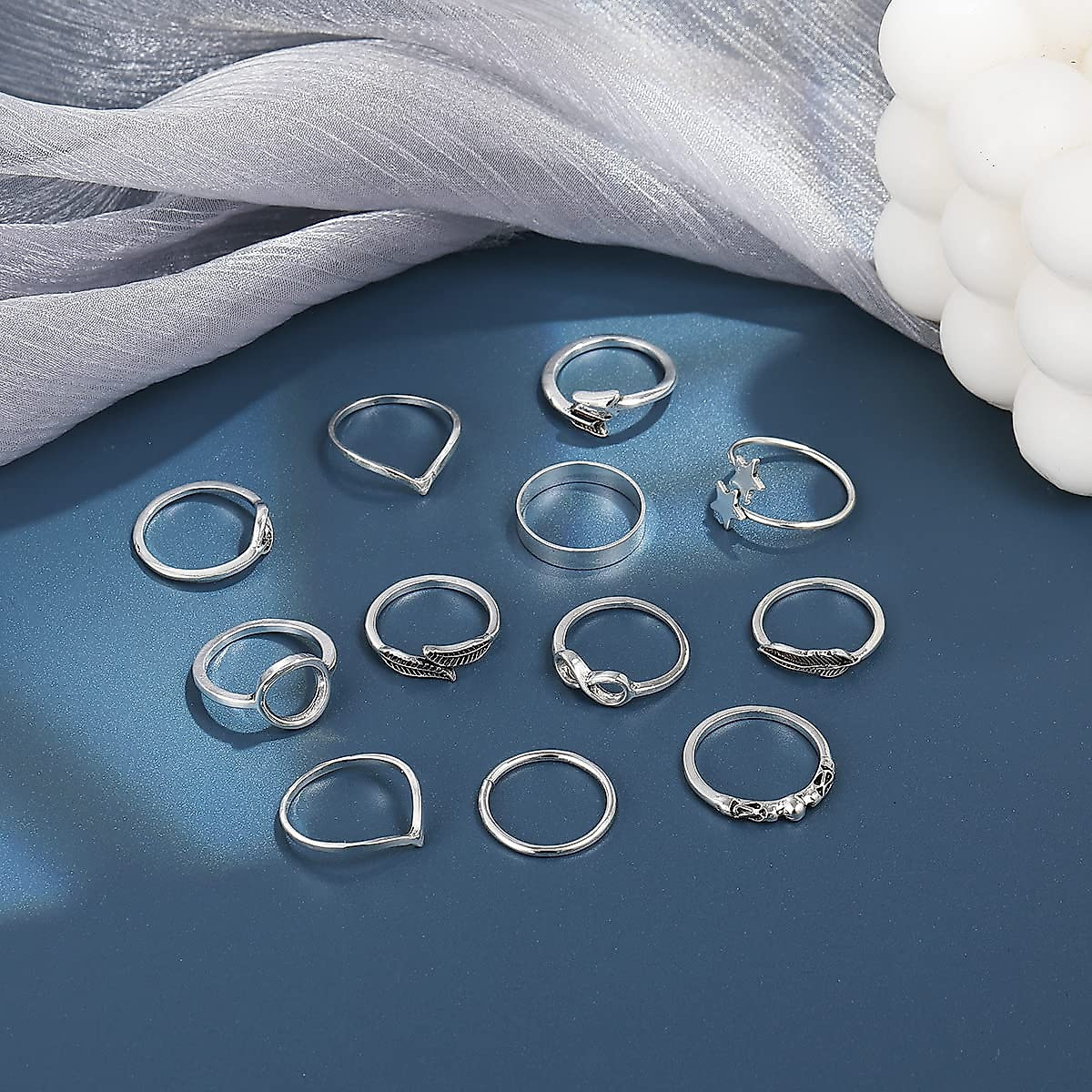 YOOESTORES82 12-20 Pcs Boho Silver Knuckle Ring Set Star Moon Wave Feather Stackable Rings Vintage Turquoise Multiple Midi Finger Ring Sets for Women (A)