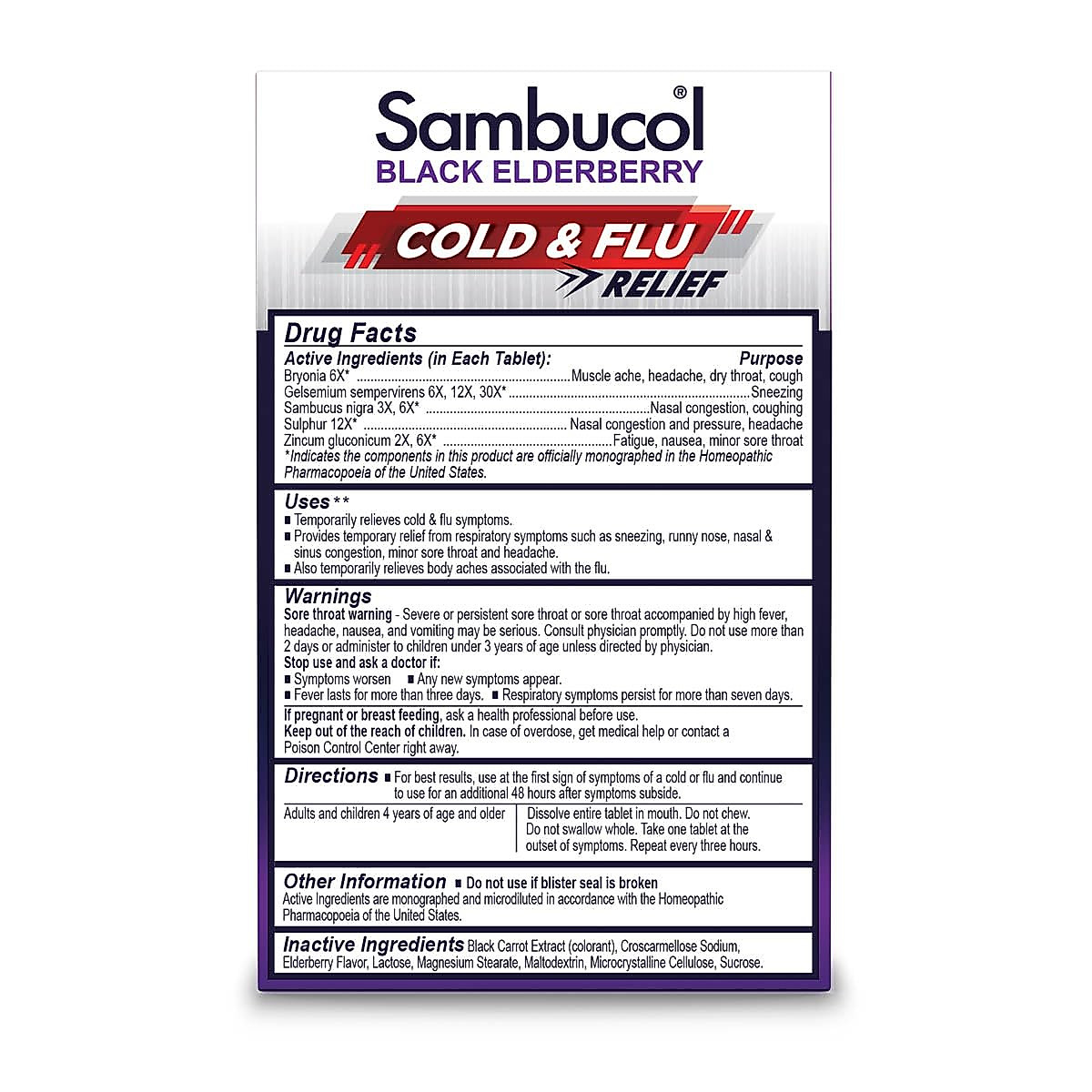 Sambucol Cold and Flu Relief Tablets - Homeopathic Cold Medicine, Cold Remedy for Adults, Black Elderberry for Colds, Zinc Cold Remedy - 30 Count