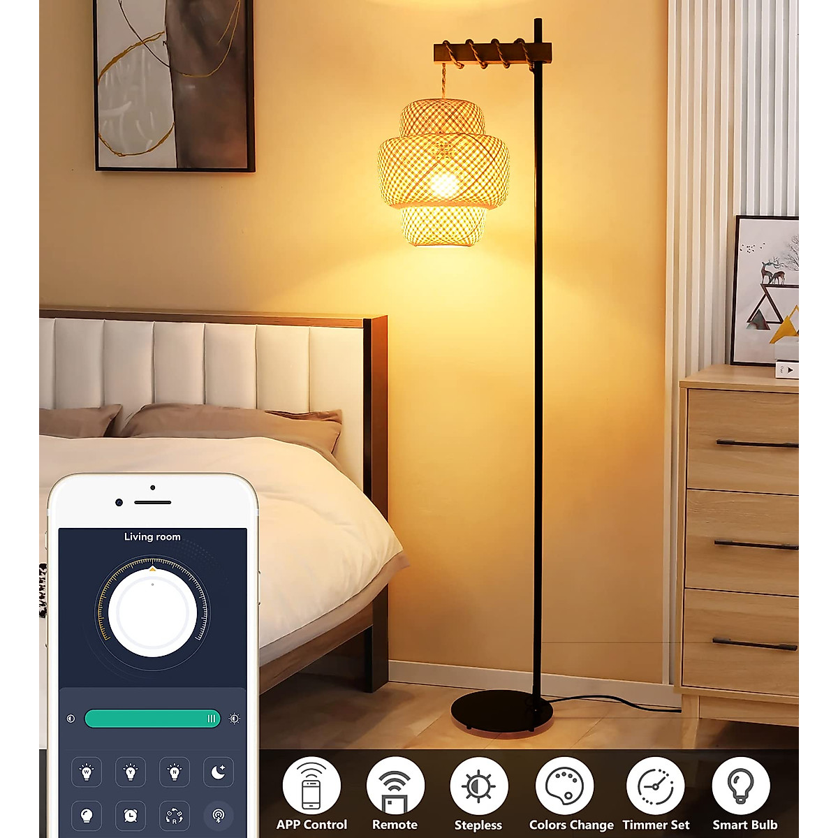 Stepeak Boho Floor Lamp with Remote, Farmhouse Dimmable Rattan Standing Lamp with Smart Blub, Bamboo Lampshade, App Control, Wood Black Tall Lamps for Living Room Bedroom Office, 9W LED Bulb Included