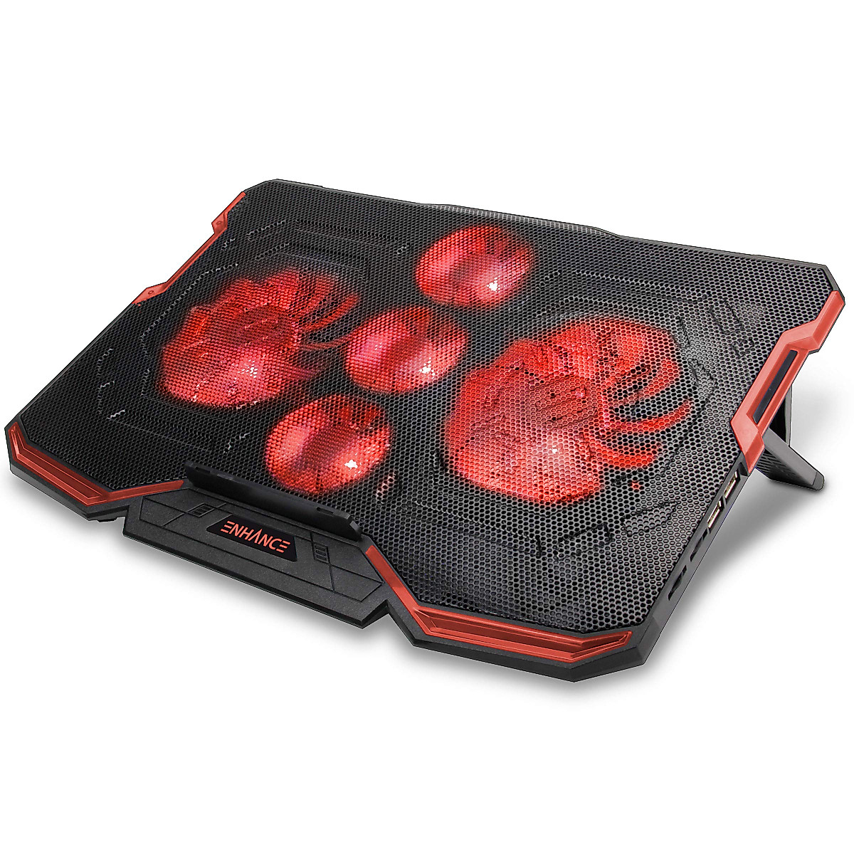 ENHANCE Cryogen Gaming Laptop Cooling Pad - Fits 17 in. Computer, PS4 - Adjustable Laptop Cooling Stand with 5 Quiet Cooler Fans, 2 USB Ports and LED Lighting - Slim Portable Design 2500 RPM (Red)