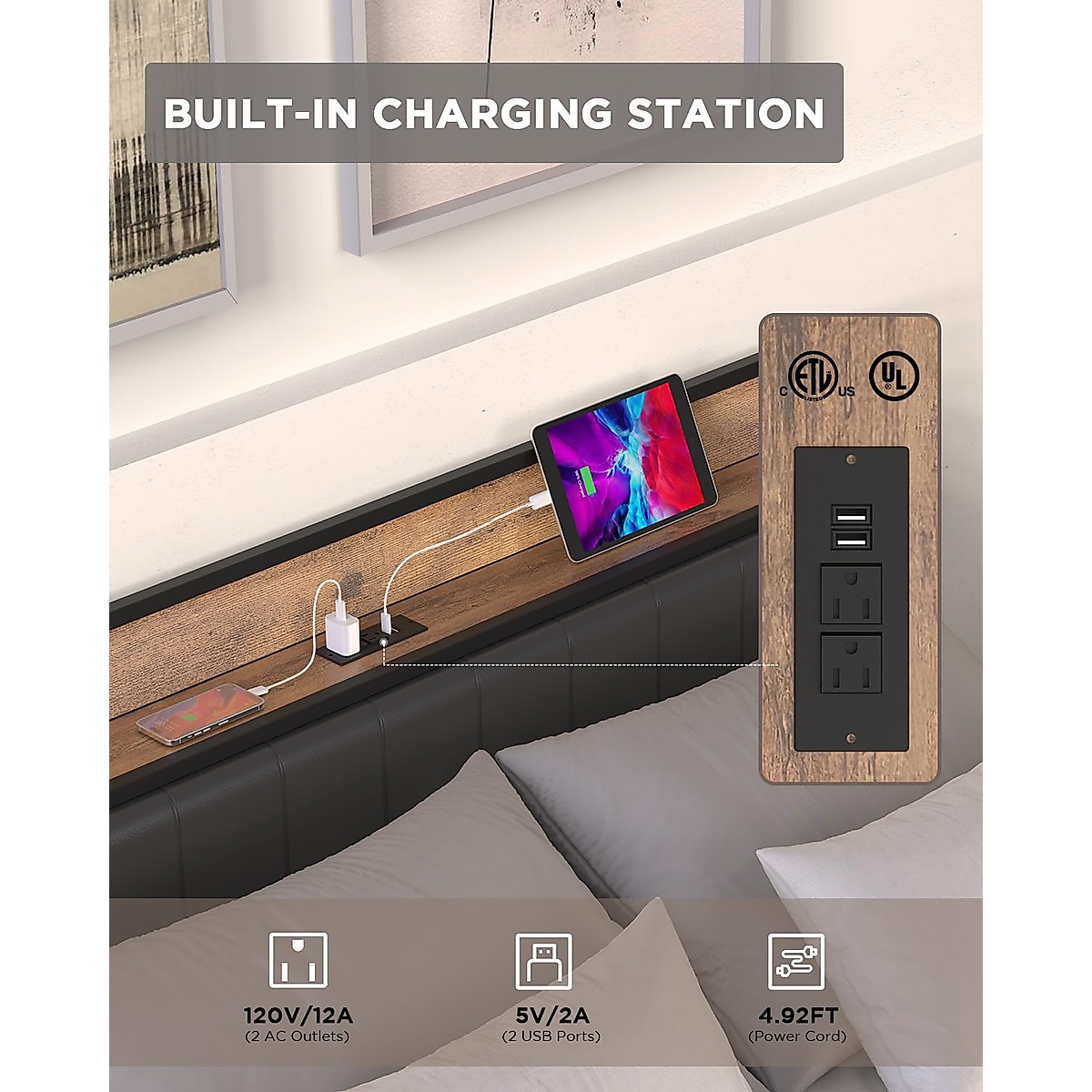 BUCOTOD Bed Frame with Storage Headboard, Built-in Charging Station, Easy Assembly, Noise Free, Non-Slip Design, Sturdy and Stable, No Box Spring Needed, Heavy Duty Metal Support Bed Frame-QUEEN99