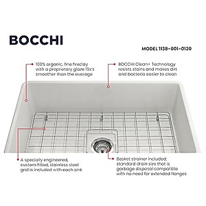 BOCCHI Classico Farmhouse Apron Front Fireclay 30 in. Single Bowl Kitchen Sink with Protective Bottom Grid and Strainer in White