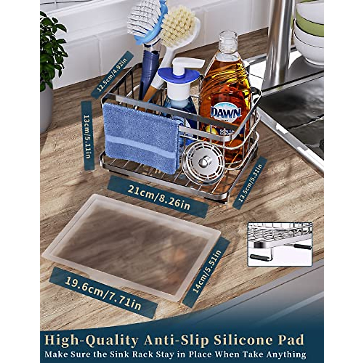 Consumest 5-in-1 Sink Caddy Kitchen Sink Organizer with Drip Tray, Multifunctional Sponge Holder for Kitchen Sink, Rustproof Stainless Steel Sink Sponge caddy for Dishcloth, Sponge, Brush - Silver