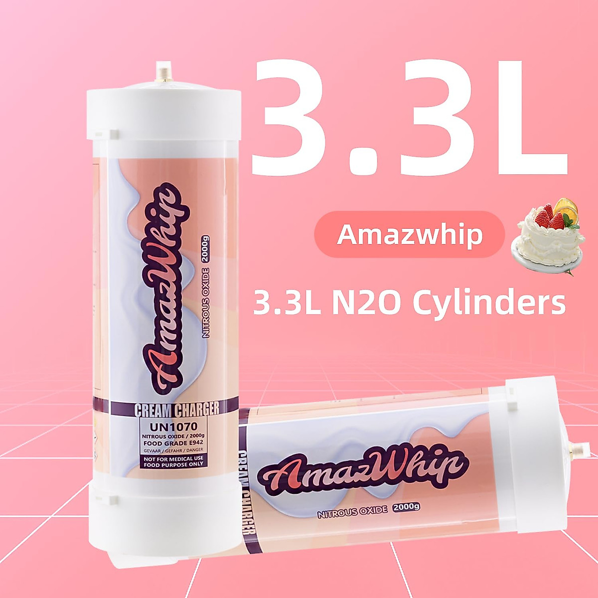 AmazWhip Premium Whipped Cream Charger 2000g 3.3L, Food Grade Nitrous Oxide Tank Pure Flavored N2O Chargers, For Any Standard Whipping Cream Dispenser (4 canisters)
