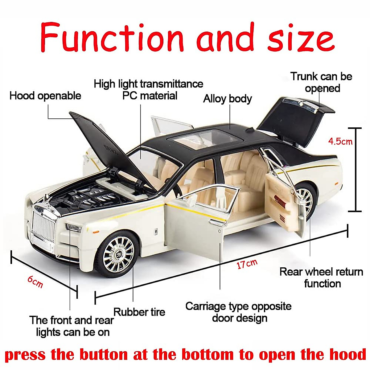 Toy Car Model White Rolls-Royce Phantom Alloy Collectible Pull Back Vehicles Diecast with Light and Sound