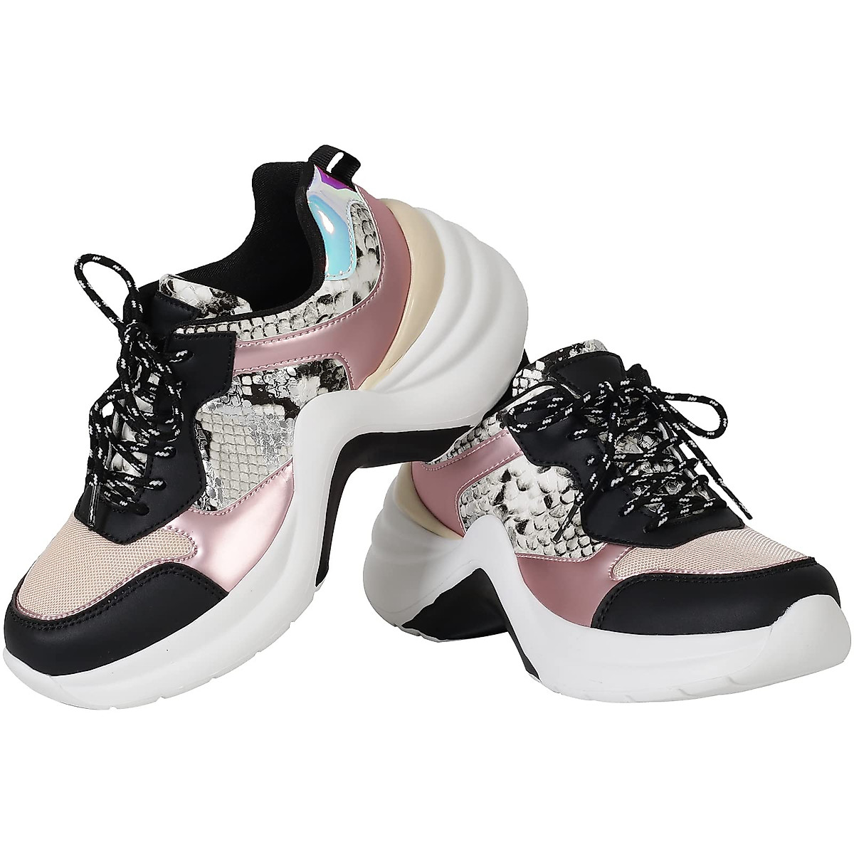 Asiman Women’s Chunky Platform Fashion Sneakers Lightweight Breathable Mesh Walking Shoes Outdoor Leopard Dance Running Shoes （Black/Snake,9）