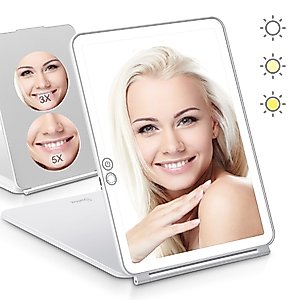 MIYADIVA Illuminated Makeup Mirror, 10 x 7.5 Inches, Foldable Design, 72 LED Light Beads, Adjustable Intensity, Rechargeable Battery, 3x and 5x Magnification, Tabletop Mount