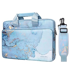 MOSISO 360 Protective Laptop Shoulder Bag Compatible with 17-17.3 inch Dell HP Acer Samsung Sony Chromebook Computer, Watercolor Marble Sleeve with Belt, Turquoise