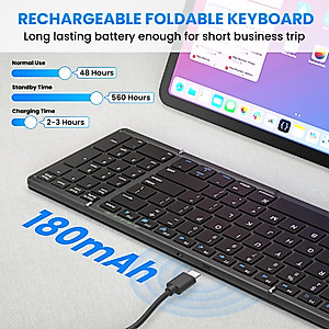 JPHTEK Folding Bluetooth Keyboard with Numeric Keypad, Full-Size Wireless Folding Keyboard with PU Leather Sync Up to 3 Devices, Rechargeable Portable Travel Keyboard for Windows iOS Android