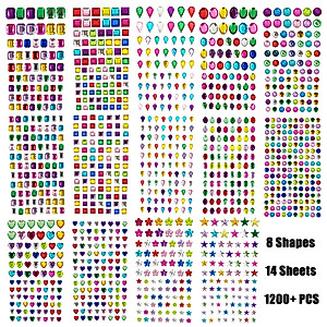 1200+ PCS Self Adhesive Gems Stickers,14 Sheets Rhinestone Stickers for DIY Craft,8 Shapes Sparkle Jewels for Nail Body Makeup Festival