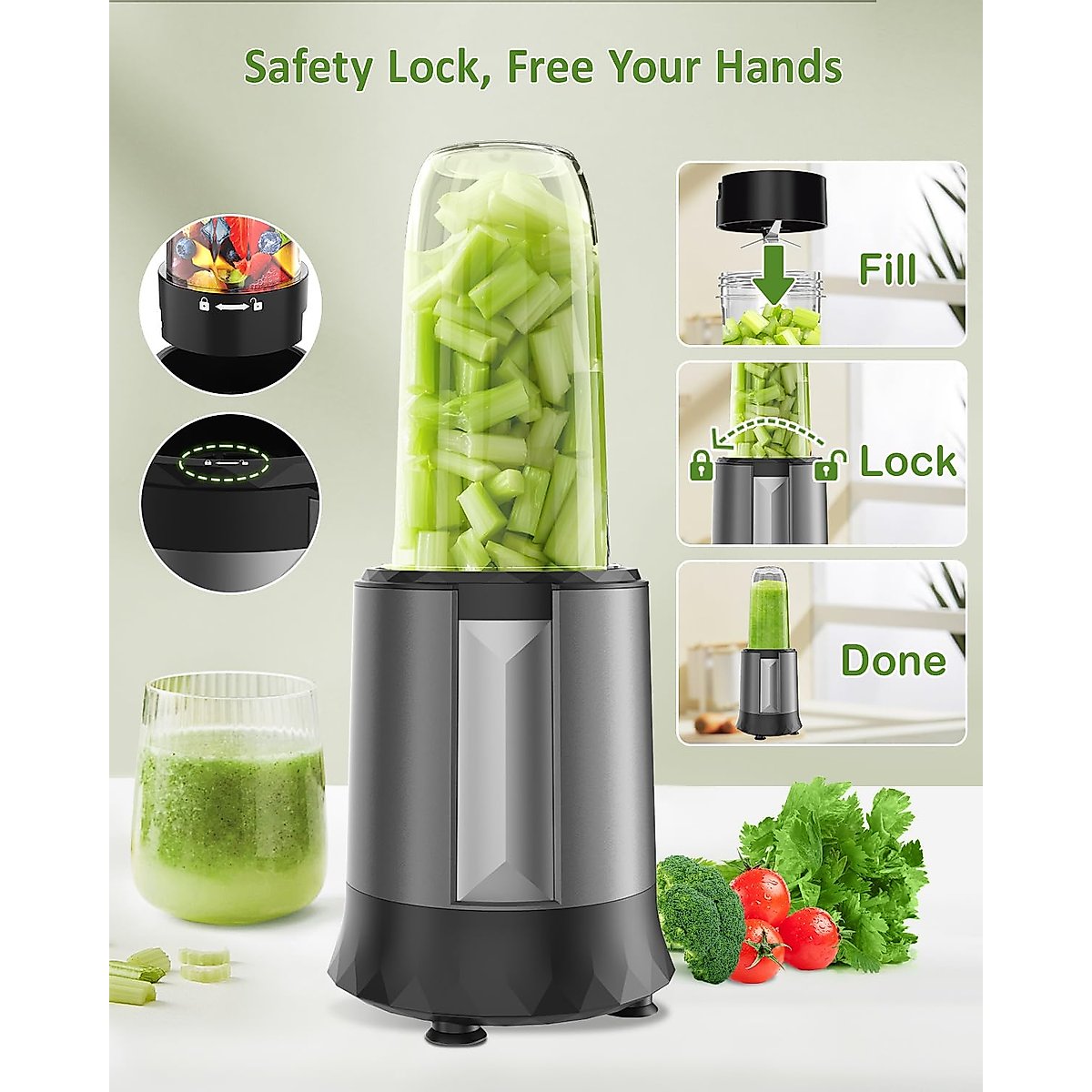 Smoothie Blender, 1300 W Upgraded Compact Personal Blender for Shakes and Smoothies, Juice, Frozen Drinks, Sauces & More, Smoothies Maker with 2 * 32 Oz To-Go Cups, 2*Spout-Lids