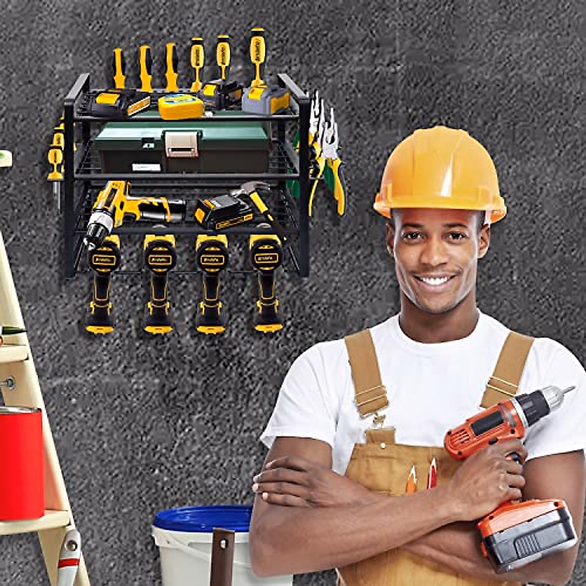 Lindafo Power Tool Organizer,Garage Tool Organizer Wall Mount,Power Tool Storage Rack 4 Layers,Heavy Duty Metal Cordless Drill Storage,Drill Charging Station,Utility Rack for Screwdriver and Pliers