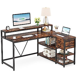 Tribesigns Reversible L Shaped Desk with Drawer, Industrial Corner Desk Home Office Table with Storage Shelves and Monitor Stand, Rustic Wooden and Metal PC Desk for Small Space (Rustic)