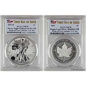 2019 W Pride of Two Nations 2019 Pride of Two Nations Enhanced Reverse Proof American Silver Eagle and Modified Proof Canadian Maple Leaf 2-Coin U.S. Set, PR70, First Day of Issue, PCGS PR-70
