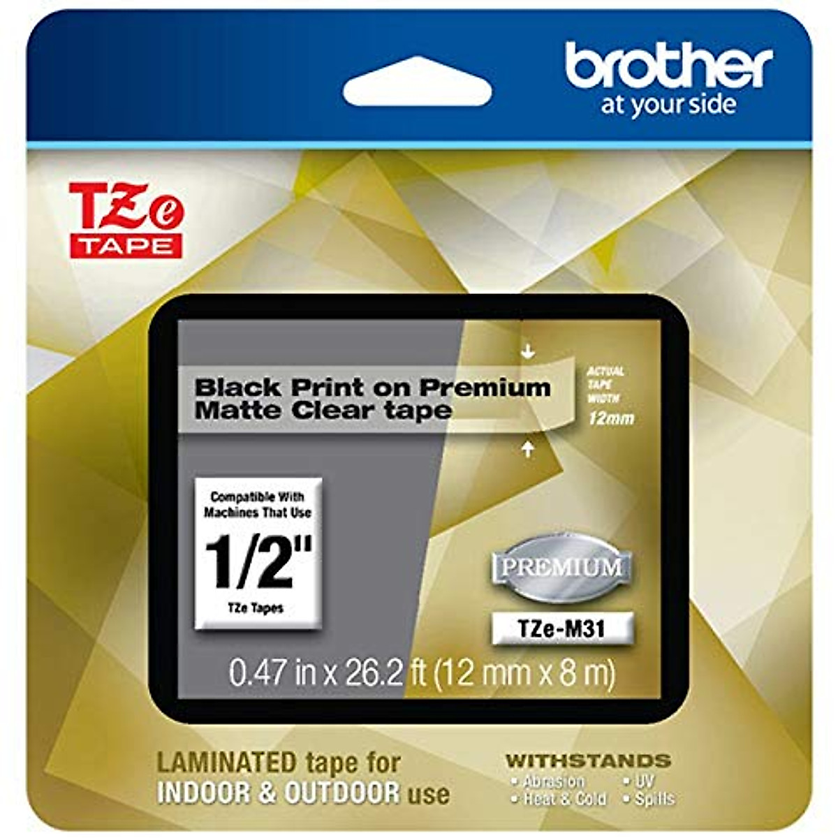 Brother P-touch TZe-M31 Black Print on Premium Matte Clear Laminated Tape 12mm (0.47”) wide x 8m (26.2’) long, TZEM31