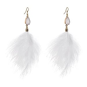 Feather Earring for Women - Light Weight Feather Dagle Earring with Crystal, Gift for Sister Lover (white)