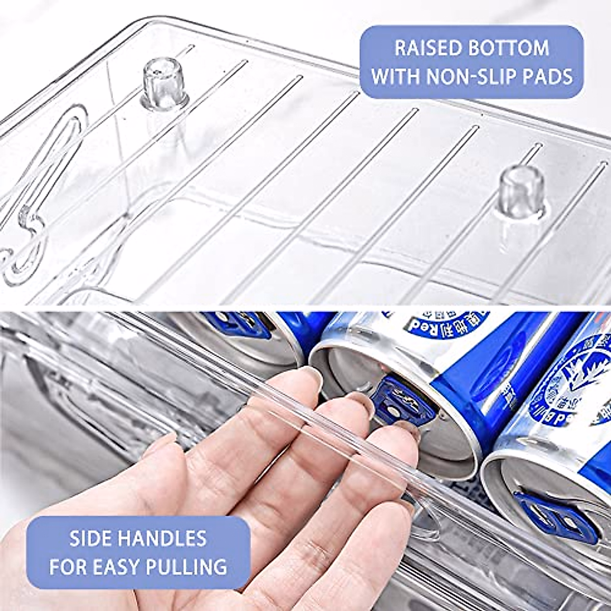 BYFU 2-Tier Foldable Soda Can Storage Organizer Set of 2, Automatic Rolling Plastic Beverage Can Dispenser, Clear Stackable Can Drink Holder Bin for Refrigerator Pantry Kitchen Countertop Cabinet