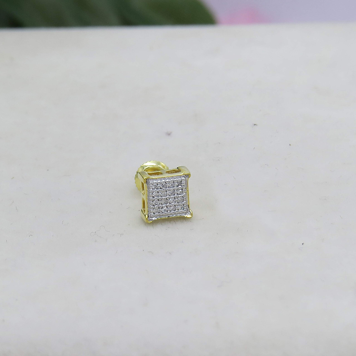 Dazzlingrock Collection Round White Diamond Square Frame 1Pc Stud Earring for Men (Color I-J, Clarity I2-I3) in 10K Solid Yellow Gold, Screw Back