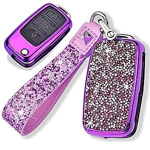 Royalfox(TM) 3 Buttons 3D Bling flip Folding Remote Key Fob case Cover for VW Volkswagen Mk6 Bora Jetta GTI Passat Golf Tiguan Touareg Beetle Passat,Skoda Fabia Octavia Superb (Purple)