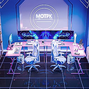 MOTPK Pink Gaming Desk with LED Lights, Carbon Fiber L Shaped Gaming Desk, Corner Gaming Table L Shape, Gamer Desk with Monitor Stand & Cup Holder & Headphone Hook, 51 Inch, for Women & Girls Gift