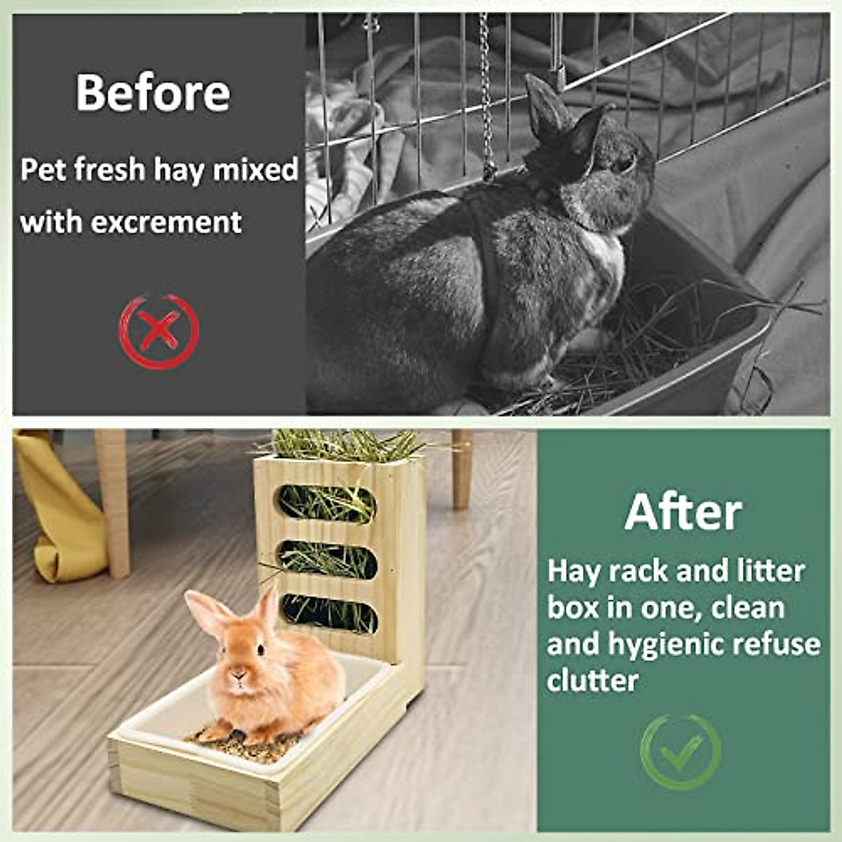 Hamiledyi Rabbit Hay Feeder with Litter Box Wooden Food Feeding Manger Bunny Hay Dispenser Small Animals Grass Holder for Hamsters Guinea Pig Bunny Chinchilla