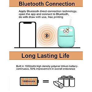 Mini Printer Portable, Pocket Thermal Printer with 5 Rolls Paper Compatible with iOS Android, Bluetooth Wireless Smart Printer for Learning Assistance, Study Notes, Work, Fun, Label List Note