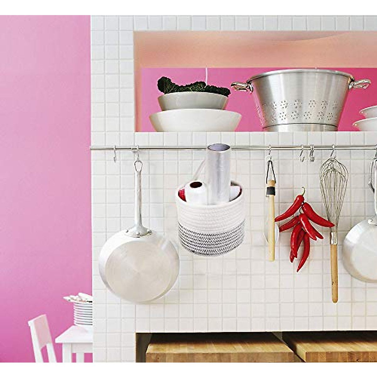 Wall Hanging Organizer Storage Basket with Free Wall Hooks,Small Cotton Rope Baskets for Baby Nursery and Home Décor,Set of 2