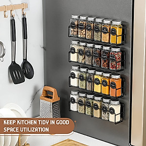 VITEVER Magnetic Spice Rack, 4 Pack, 24 Square Glass Jars with Lids, Quick-Find Pre-Printed Labels, Funnel, Space Saver, Refrigerator and Microwave Oven Organizer