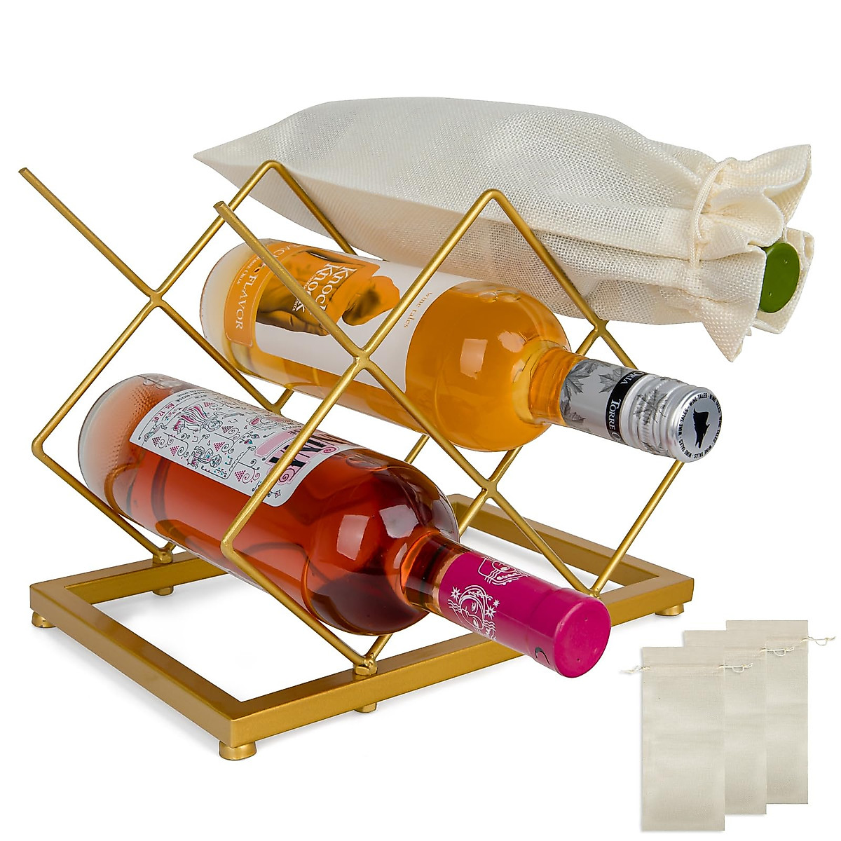 nice-won Wine Rack Countertop - 5 Bottle Freestanding Modern Gold Metal Small Wine Rack Tabletop Wine Bottle Holder Stand for Cabinet Pantry Dining Table Wine Bottle Storage with Reusable Wine Bags